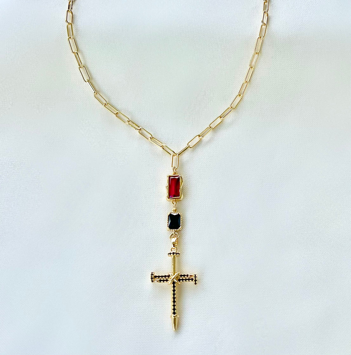 Cross Necklace - Gold Filled Paperclip Black Ruby Gemstone | Christy F ...